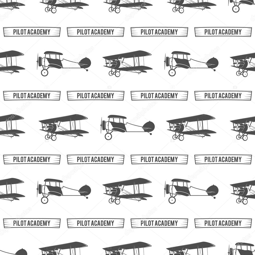 Vintage pilot academy pattern. Old Biplanes seamless background with ...
