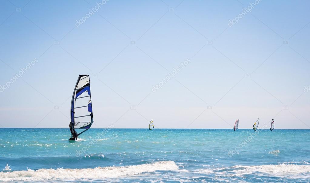 Velas de windsurf en el mar azul 2023