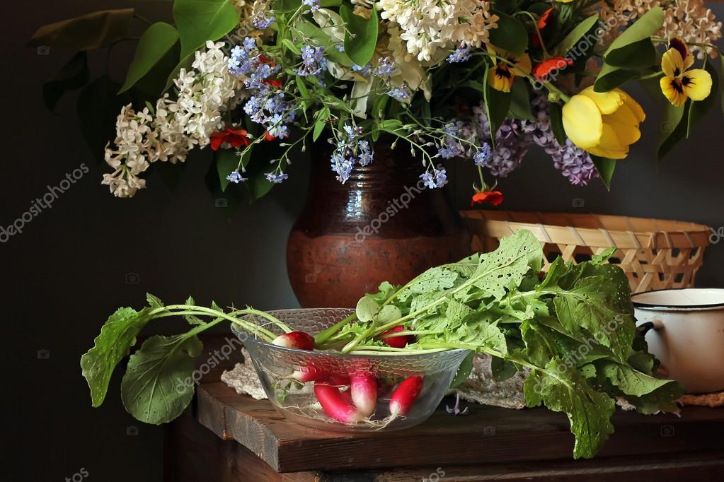 Still life in rustic style with radish and a bouquet Stock Photo by ...