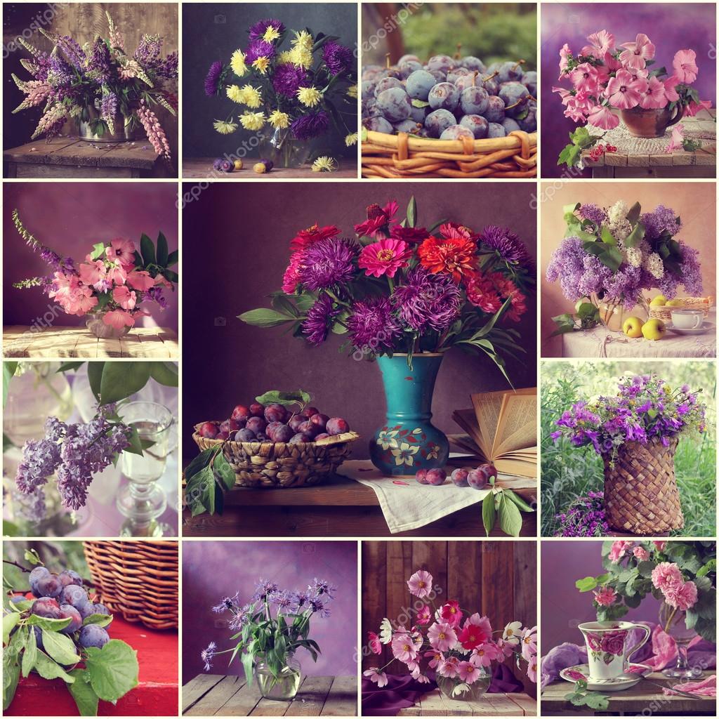 Collage from still lifes with flowers and berries. Stock Photo by ...