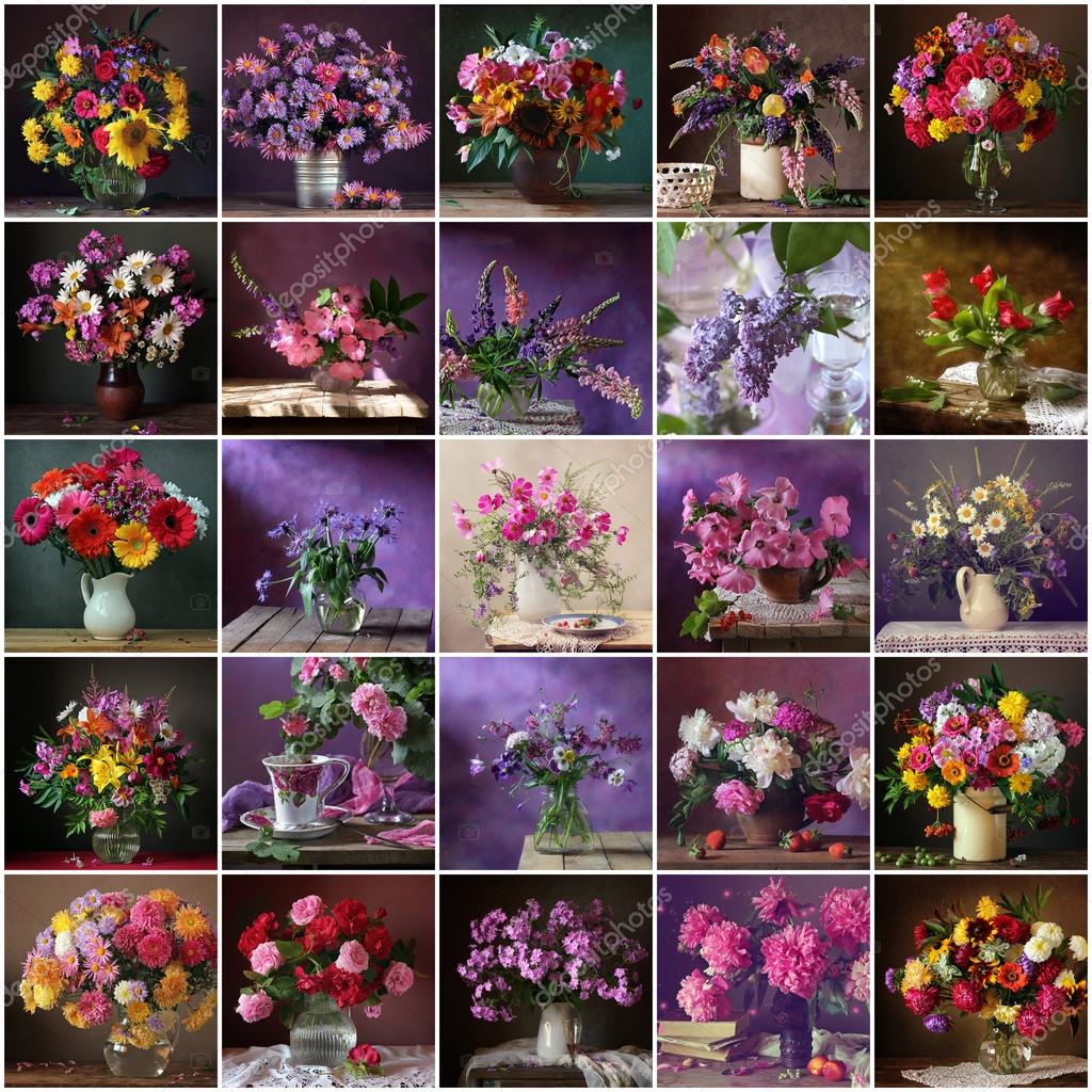 Collage from still lifes with bouquets. Flower background. Stock Photo ...
