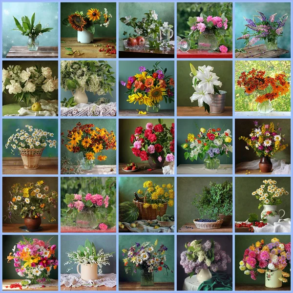 Collage from still lifes with bouquets. Flower background. Stock Photo ...