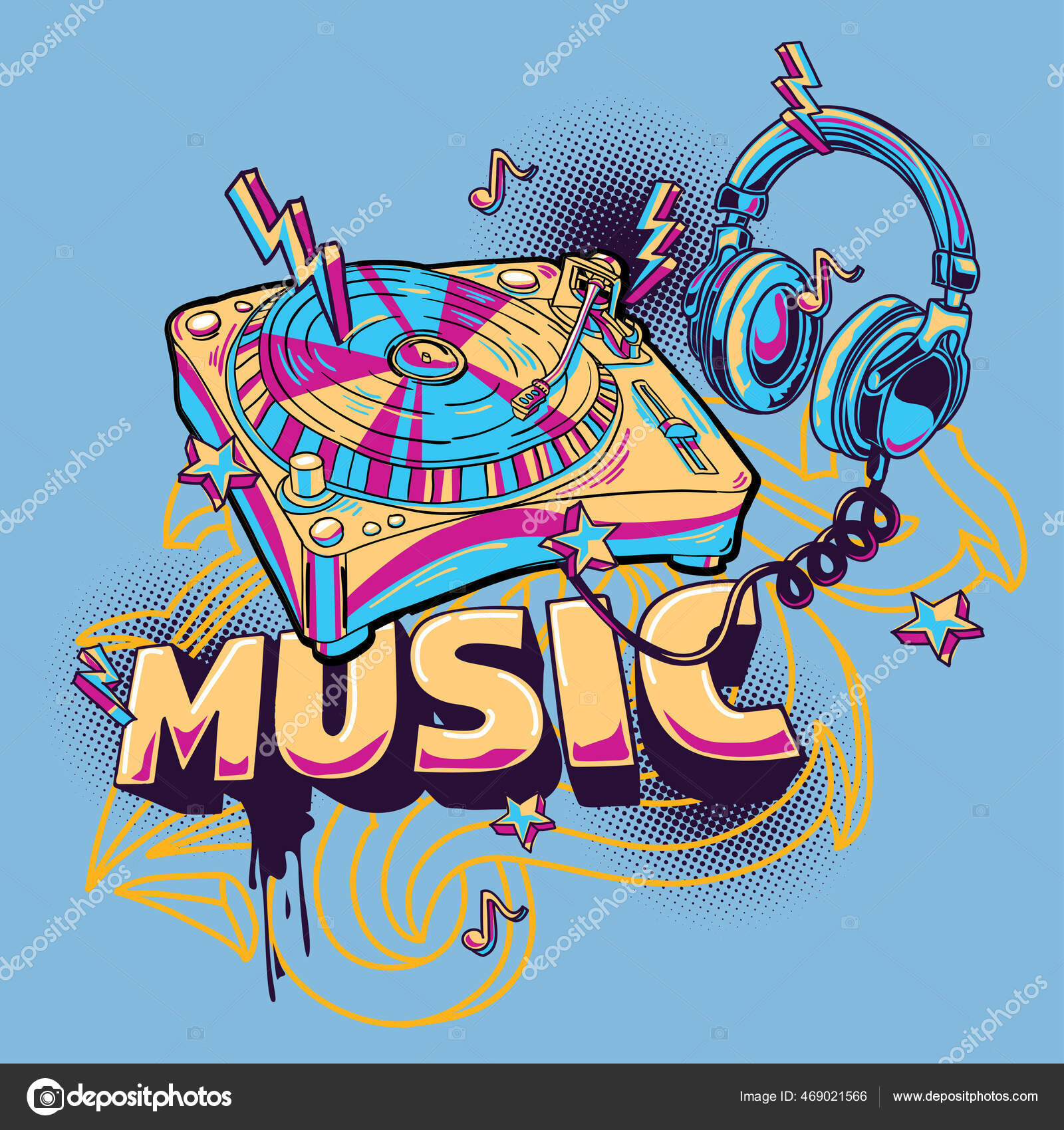 Music Poster Design Funky Drawn Turntable Headphones Graffiti Stock ...