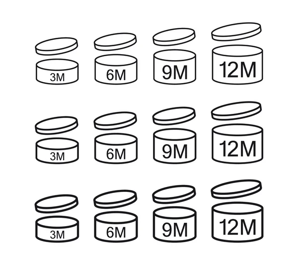 Expiration date after opened icons set. Round box with cap opene Stock ...