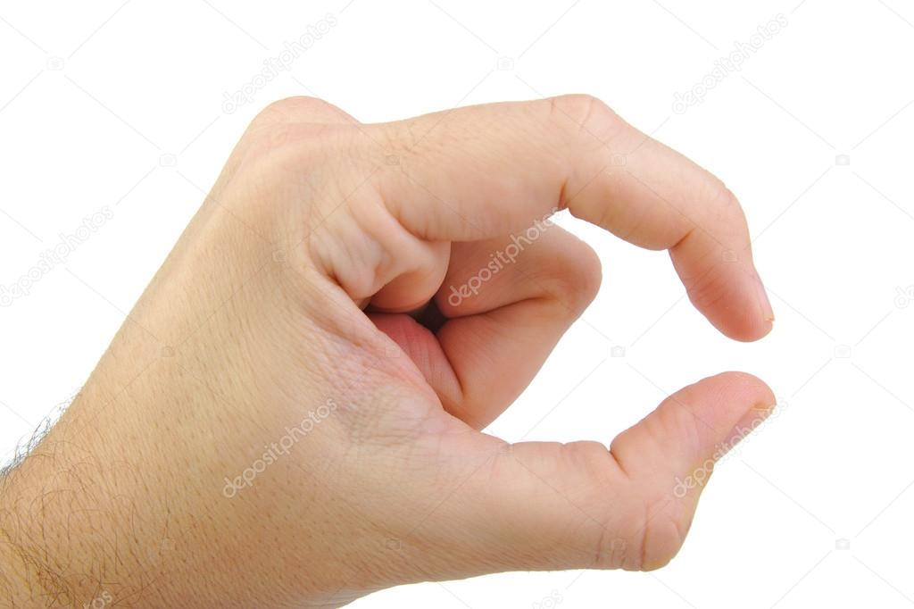 Hand showing a tiny size sign isolated on white background. Hand ...