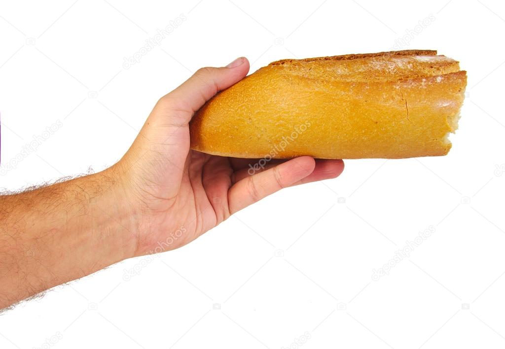 Homem dando ou compartilhando pão isolado em um fundo branco. Conceito ...