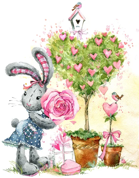 Cute bunny rabbit. Valentines day card. Valentines love Tree ...