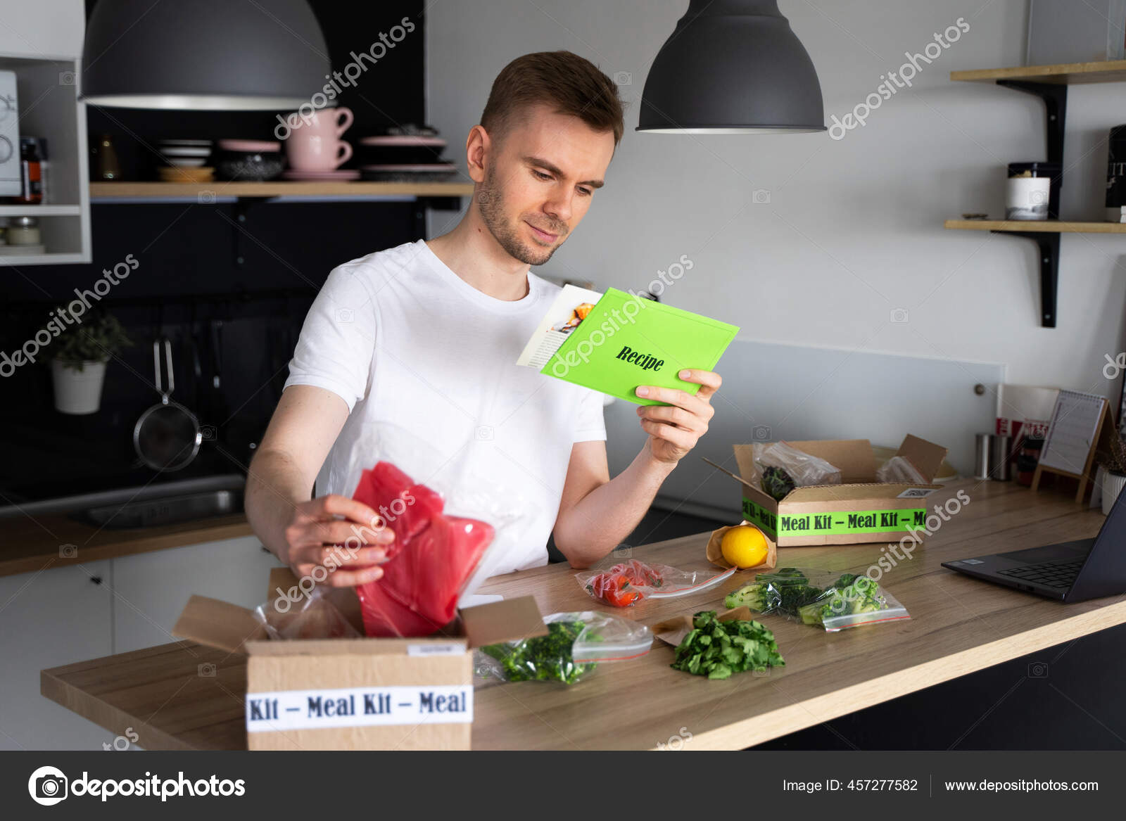 Happy Caucasian white man Unpack Online Home Food Delivery. Box with ...