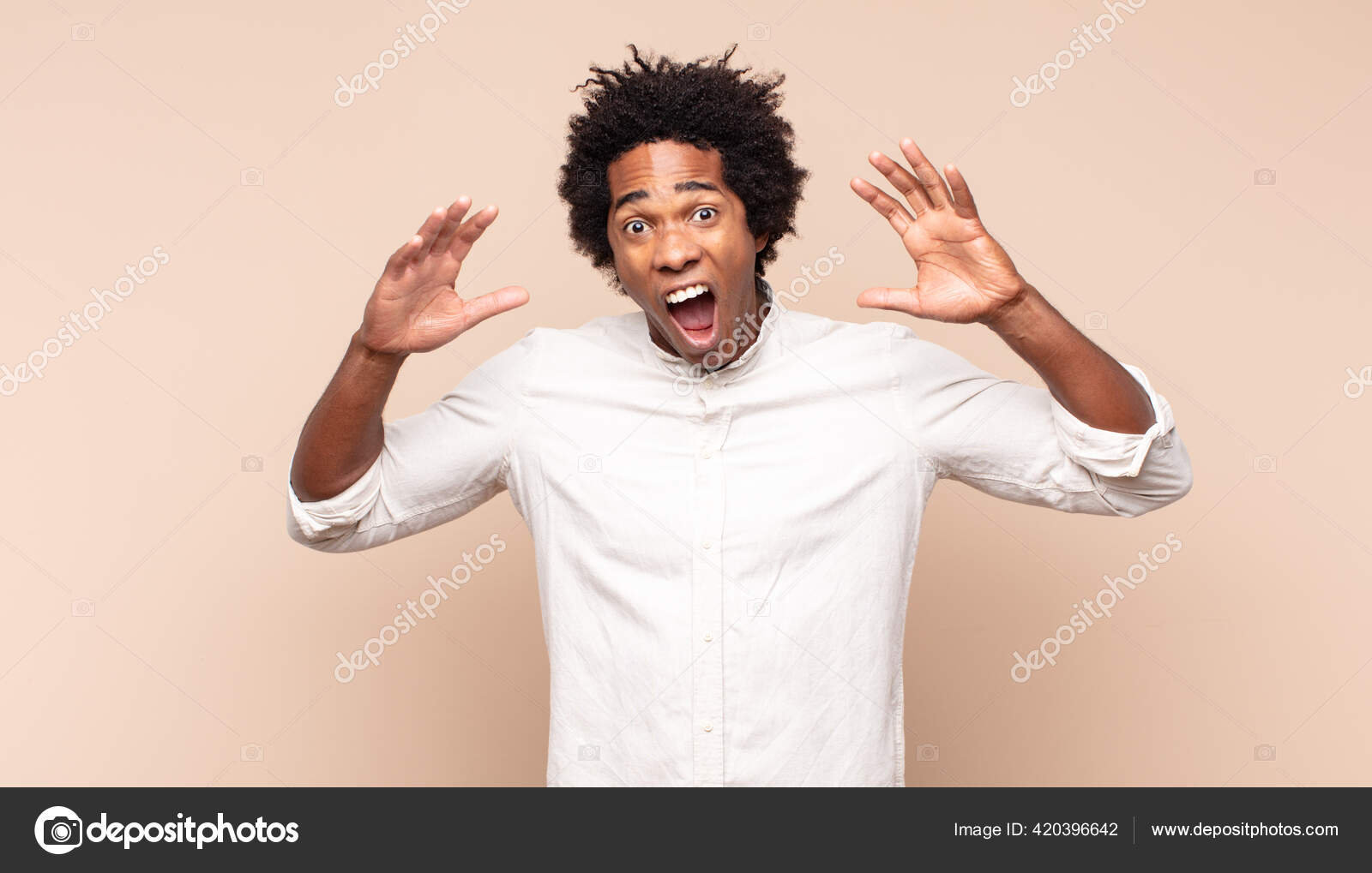 Young Black Afro Man Screaming Panic Anger Shocked Terrified Furious ...