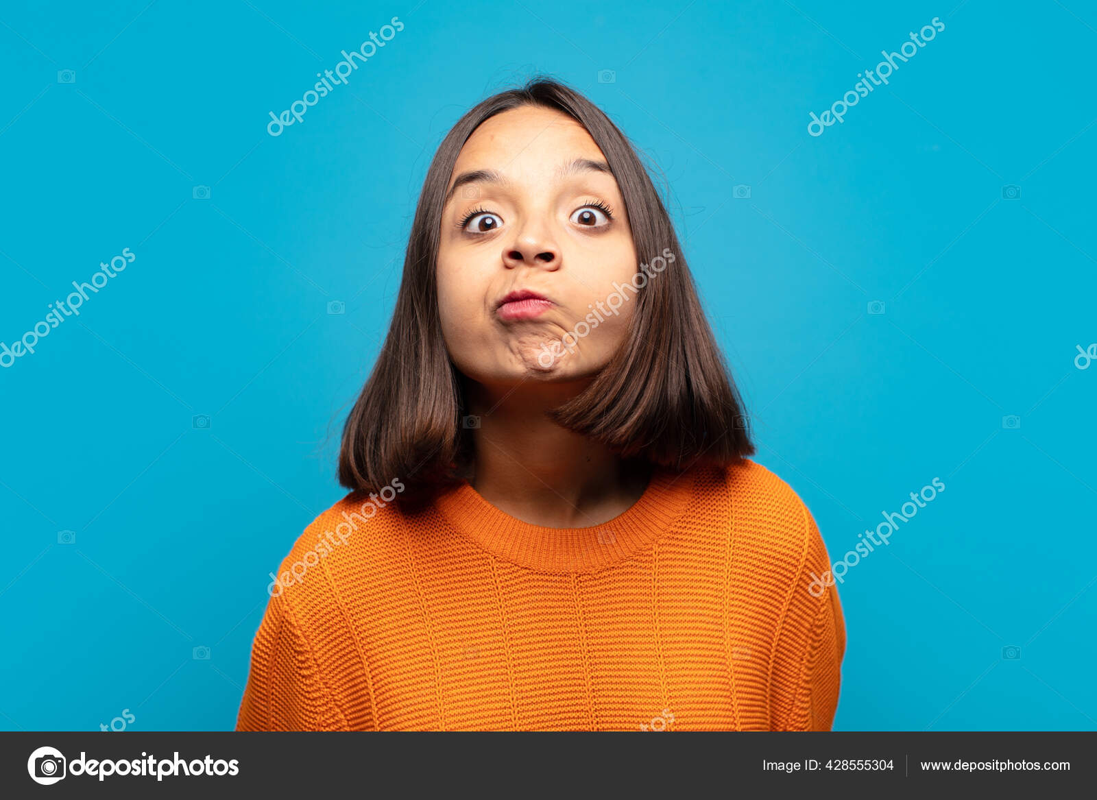 Hispanic Woman Goofy Crazy Surprised Expression Puffing Cheeks Feeling ...