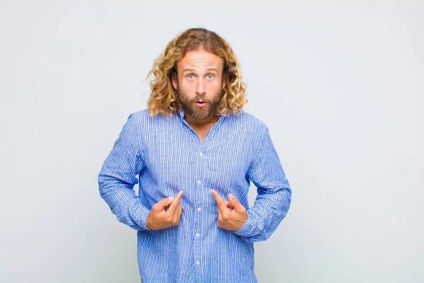 Blonde Adult Caucasic Man Pointing Self Confused Quizzical Look Shocked ...