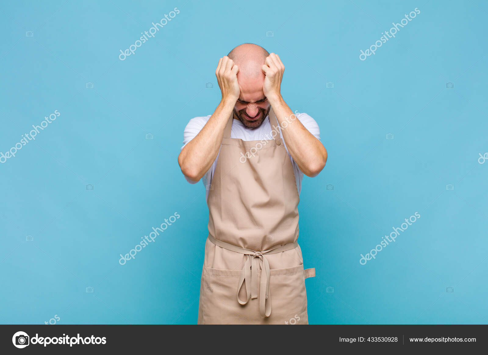 Bald Man Feeling Stressed Frustrated Raising Hands Head Feeling Tired ...