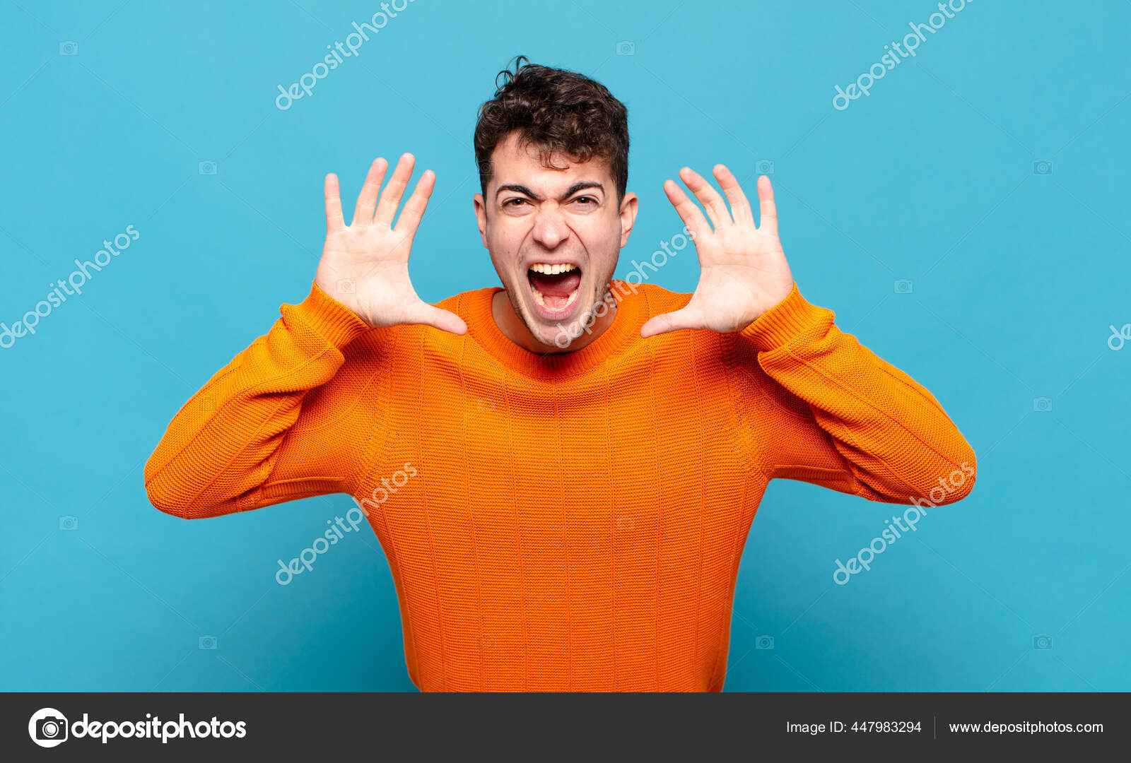Young Man Screaming Panic Anger Shocked Terrified Furious Hands Next ...