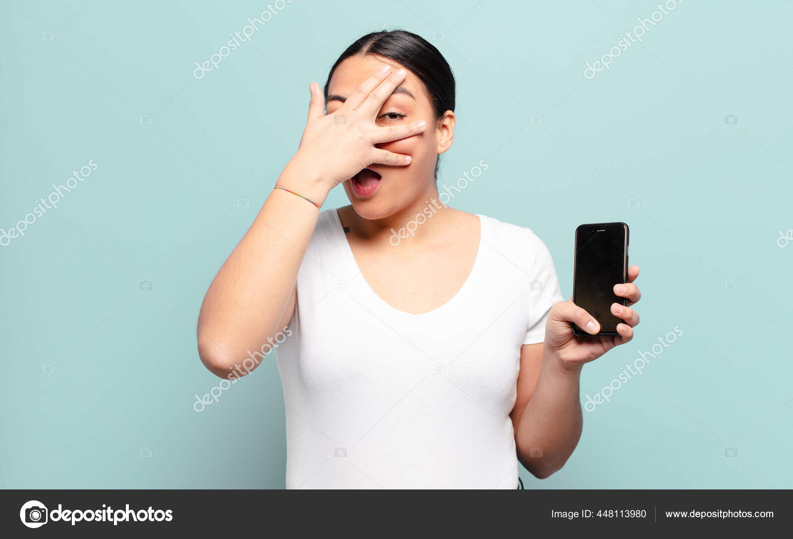 Hispanic Woman Looking Shocked Scared Terrified Covering Face Hand ...