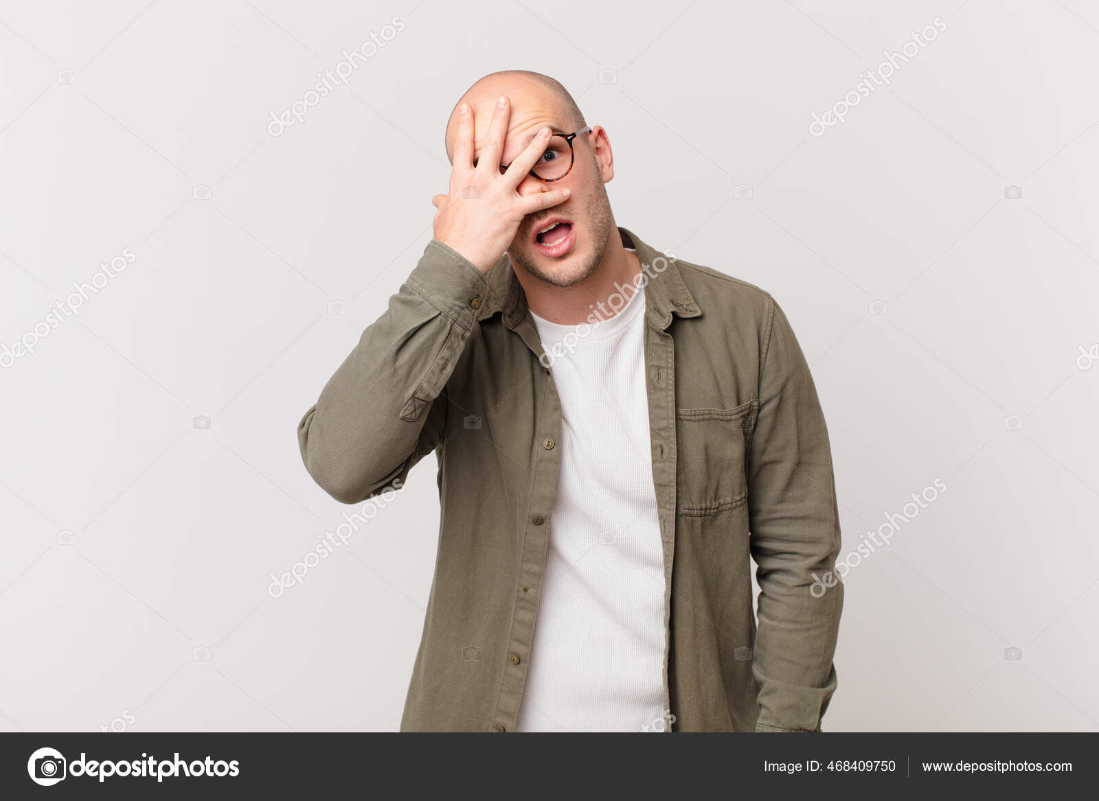 Bald Man Looking Shocked Scared Terrified Covering Face Hand Peeking ...