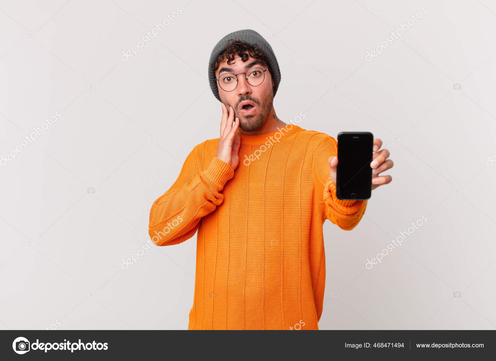 Hispanic Man Cell Feeling Shocked Scared Looking Terrified Open Mouth ...