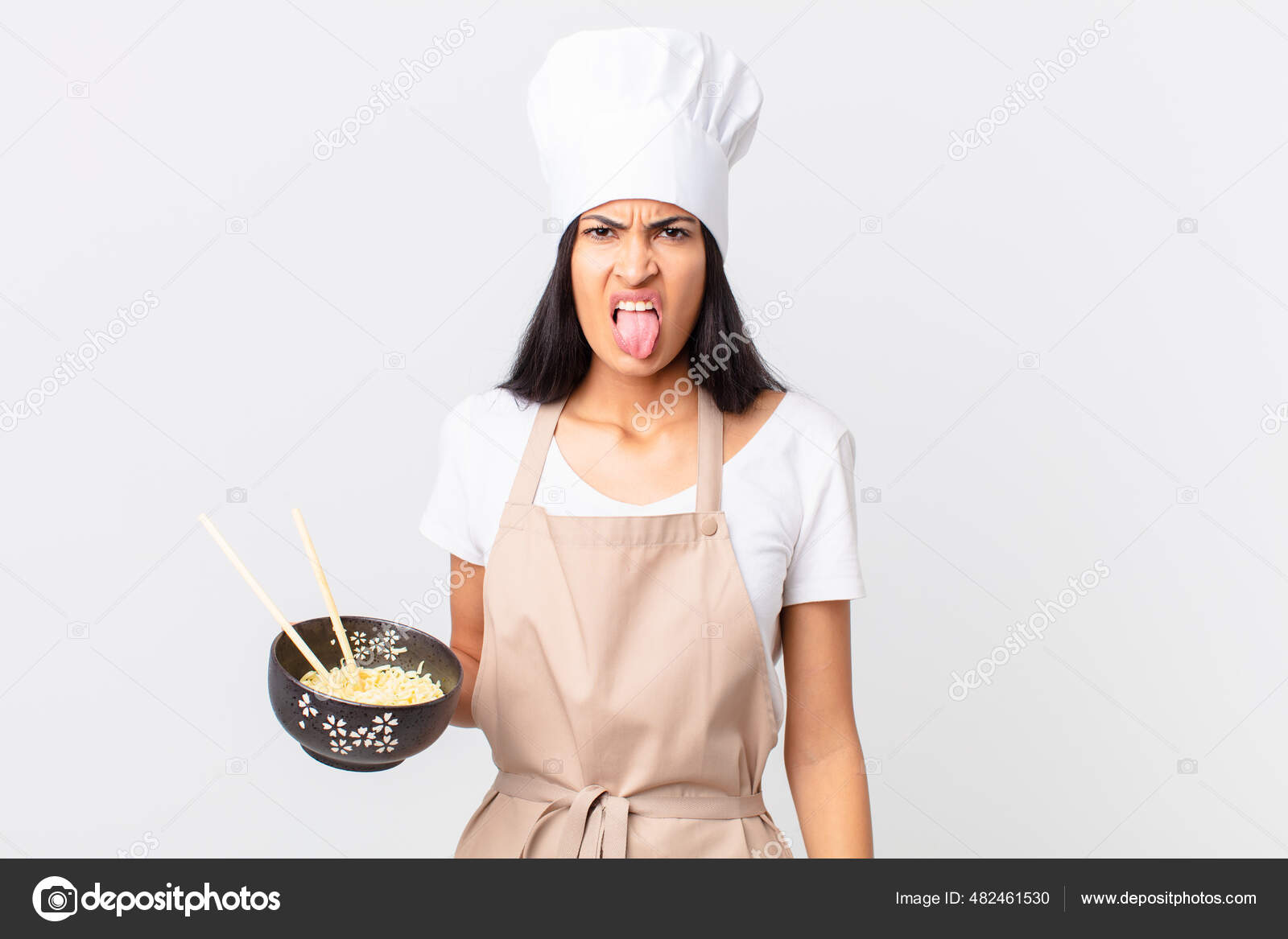 Pretty Hispanic Chef Woman Feeling Disgusted Irritated Tongue Out ...