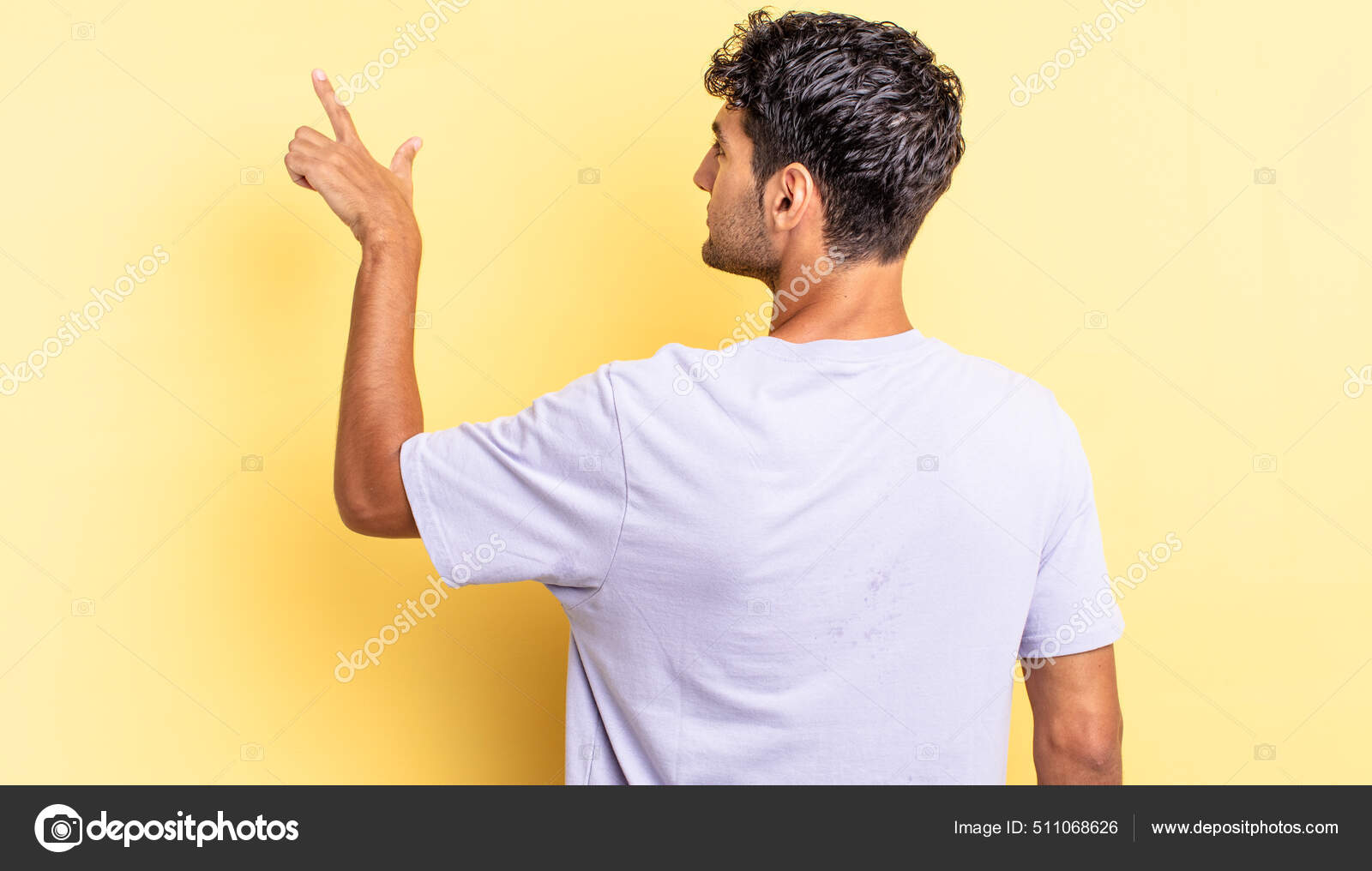 Hispanic Handsome Man Standing Pointing Object Copy Space — Stock Photo ...
