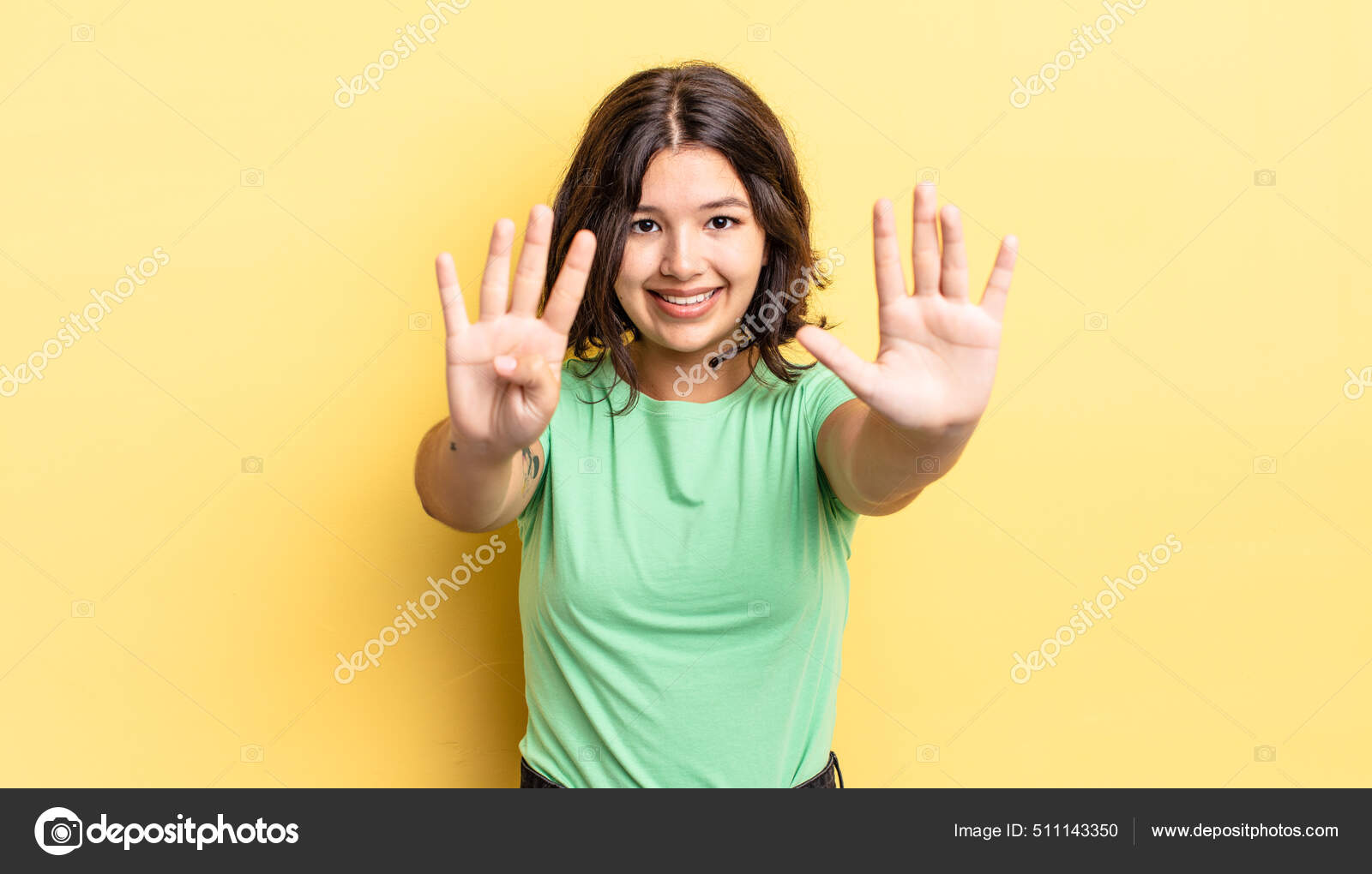 Young Pretty Girl Smiling Looking Friendly Showing Number Nine Ninth ...