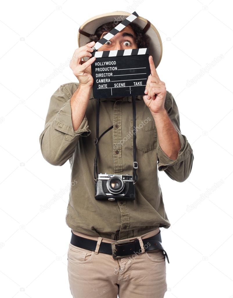 Crazy explorer man with clapper — Stock Photo © kues #78187100
