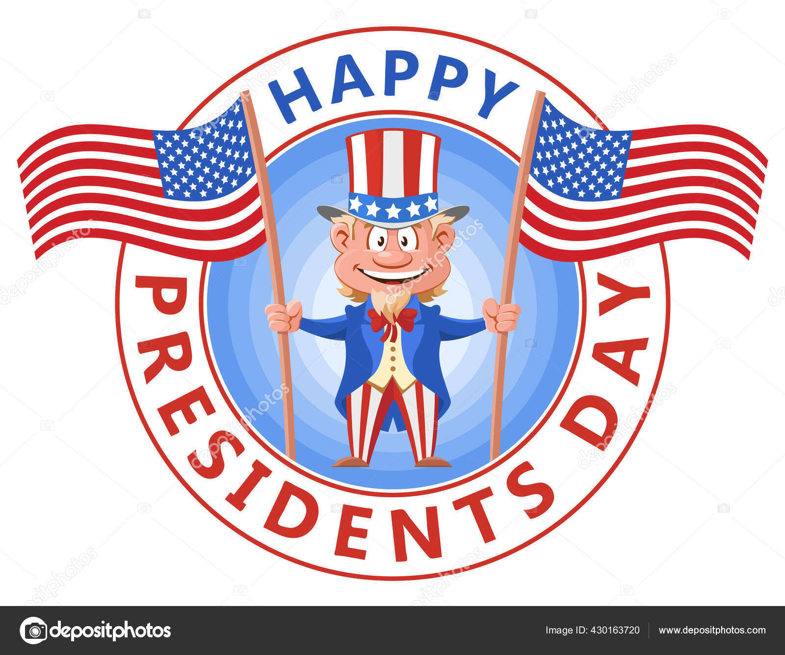 Happy Presidents Day Cartoon Uncle Sam Holding American Flags Vector ...