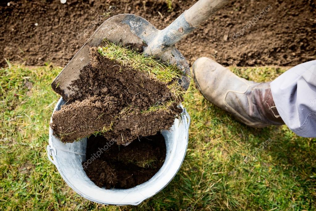 Man using spade for old lawn digging — Stock Photo © andreaobzerova ...