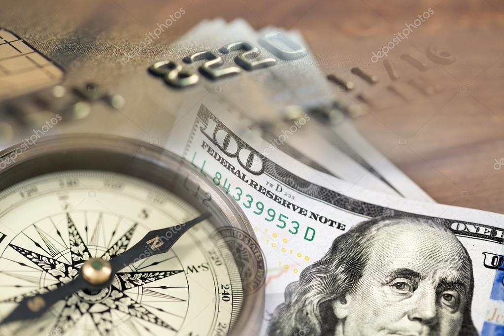 Collage with compass US dollar bills and credit card — Stock Photo © ravil_s #106360628