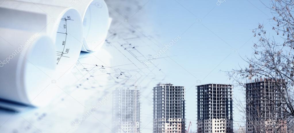 Collage con planos de construcción y un edificio moderno 2024