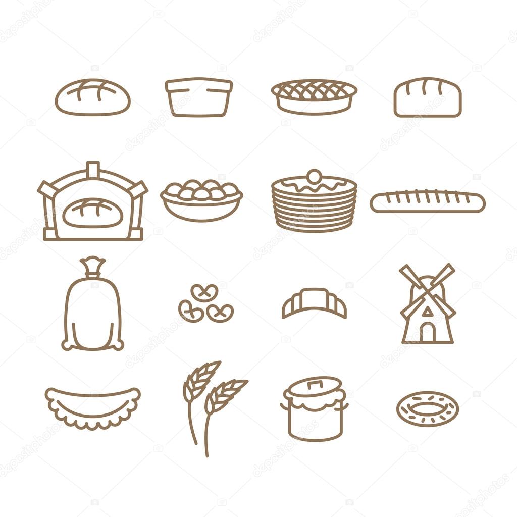 Set de iconos lineales de pan. Horneando. Productos de panadería ...