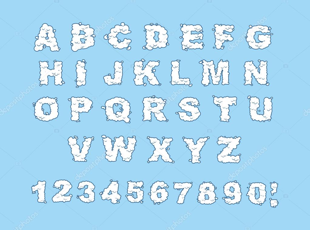 Cloud alphabet. Cloud letters and numbers. White cloud font. Blu ...