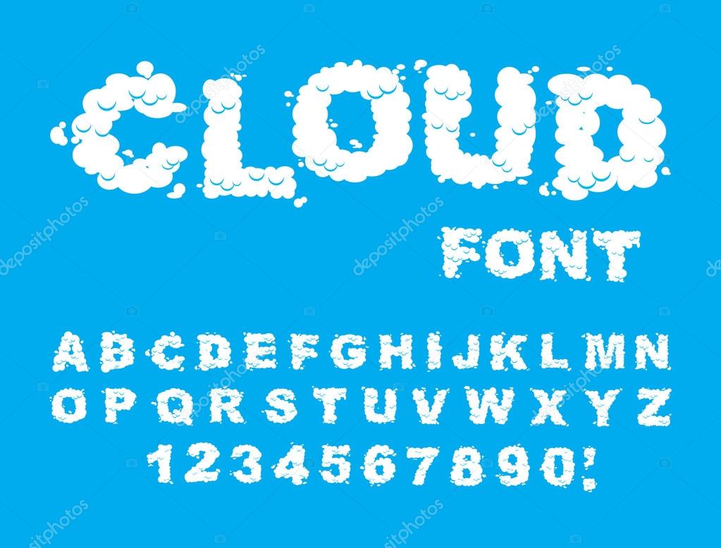 Cloud font. ABCs of white clouds in blue sky. Cloud letters and — Stock ...