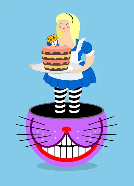Alice in Wonderland. Cake eat me. Fat and old cheerful woman Stock ...