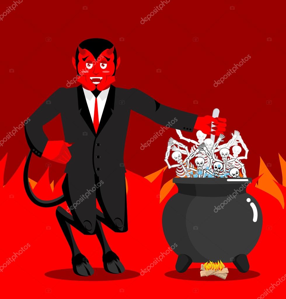 Devil boil sinners boiler. Demon cooking Big black pan. Skeleton Stock ...