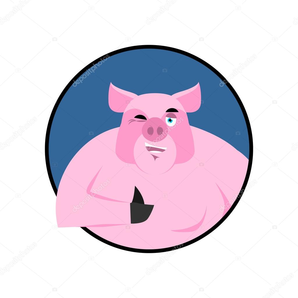 Pig thumbs up well and winks. Signs all right. Cheerful boar. Ha Stock ...