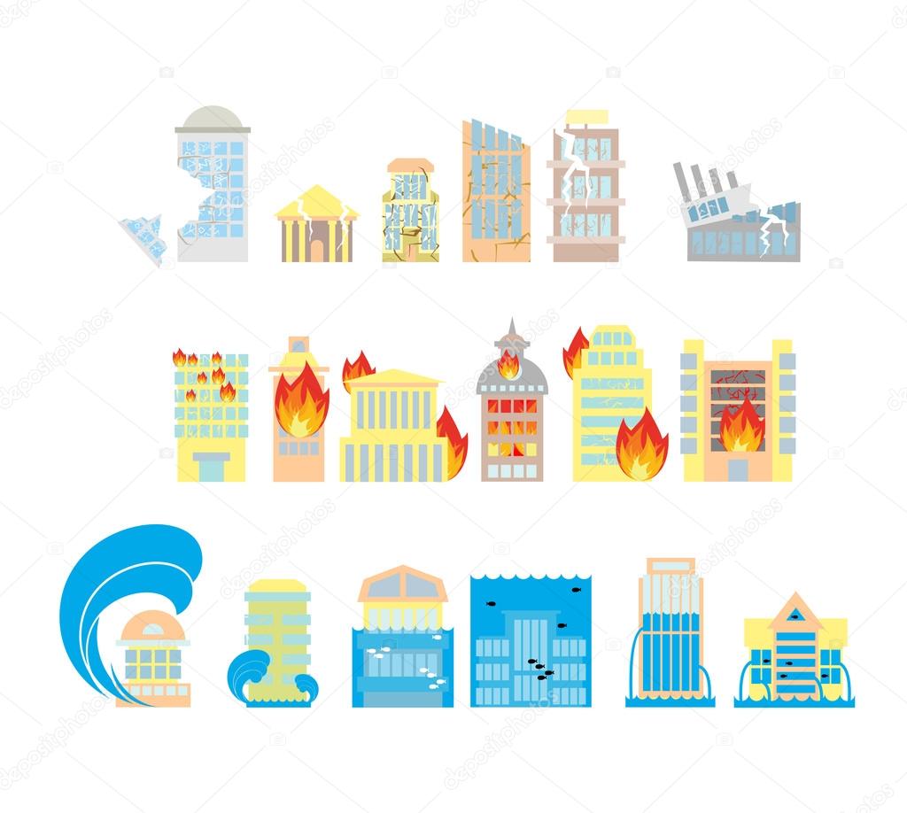 Disaster icon collection. Destruction of buildings set of icons ...