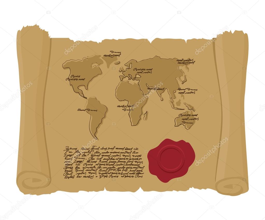 Map world of ancient scroll with seal of King. Old document. Ar Stock ...