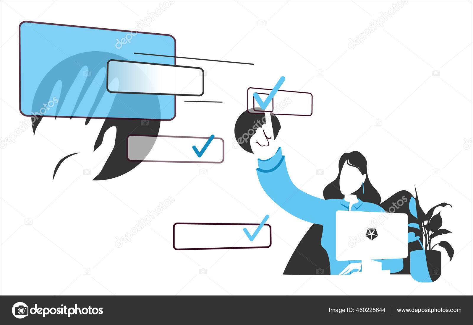 Woman office worker marks completed tasks. The heand distributes tasks ...