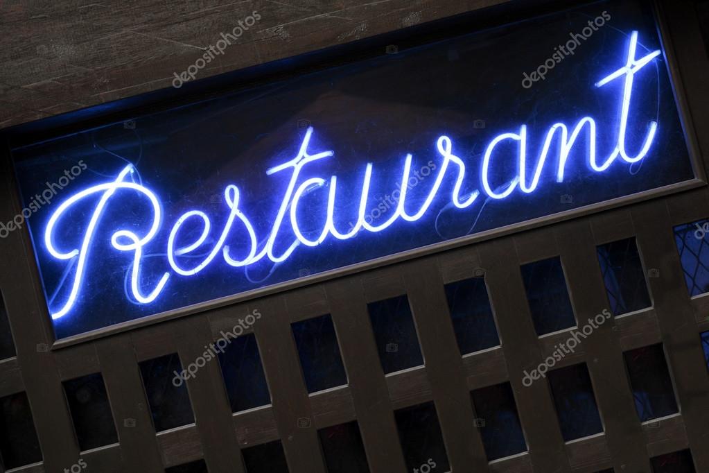 Neon blue restaurant sign closeup — Stock Photo © david_franklin #108989932