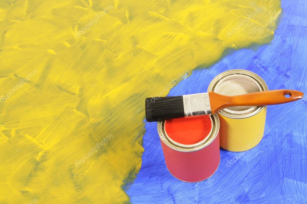 Yellow and blue paint with paint tins — Stock Photo © david_franklin ...