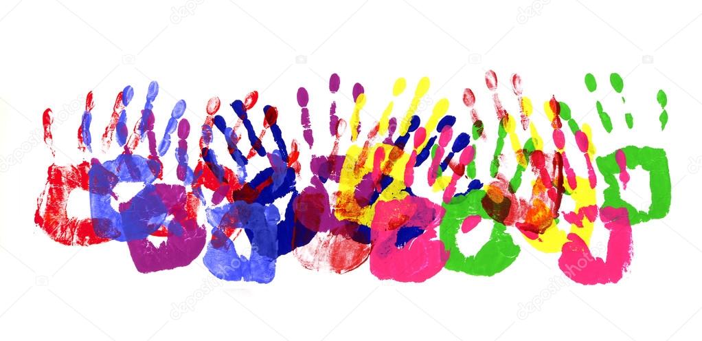 Handprint border paper | Handprints multicolor border — Stock Photo ...