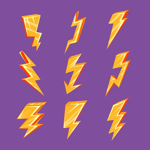 Lightning Bolt Symbols Set, Bright Yellow Thunderbolts Icons Vector ...