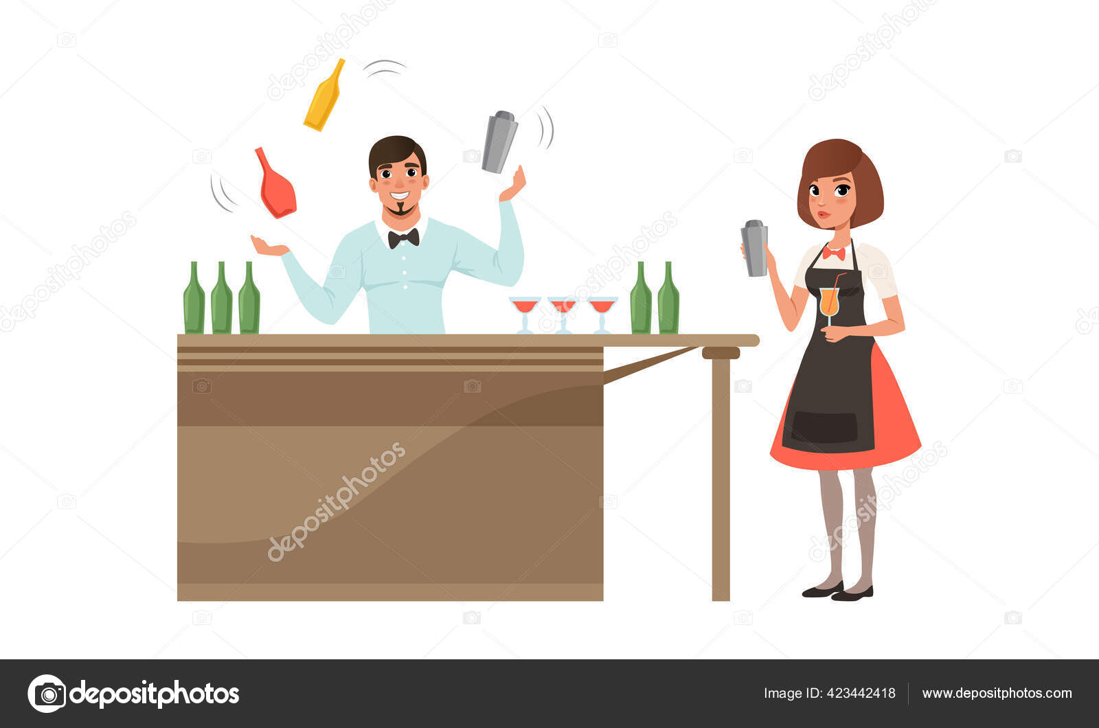 Young Bartender Man and Woman Making Cocktails and Mixing Alcoholic ...