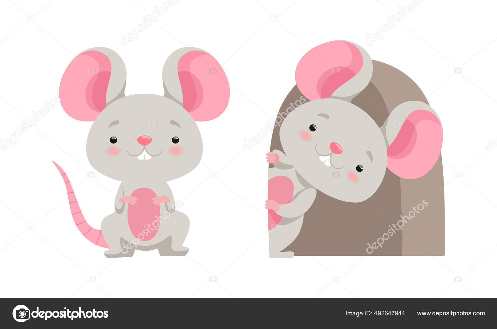 Cute Grey Mouse Character Sitting and Peeped Out from Hole Vector Set ...