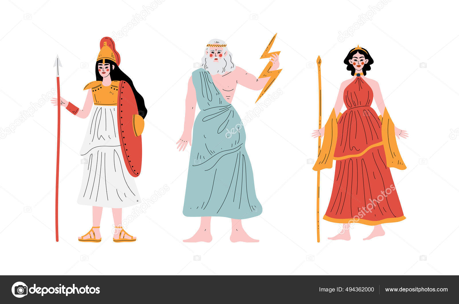 Az ókori görög Isten Zeus Holding Lightning Bolt és Athena pajzs és ...