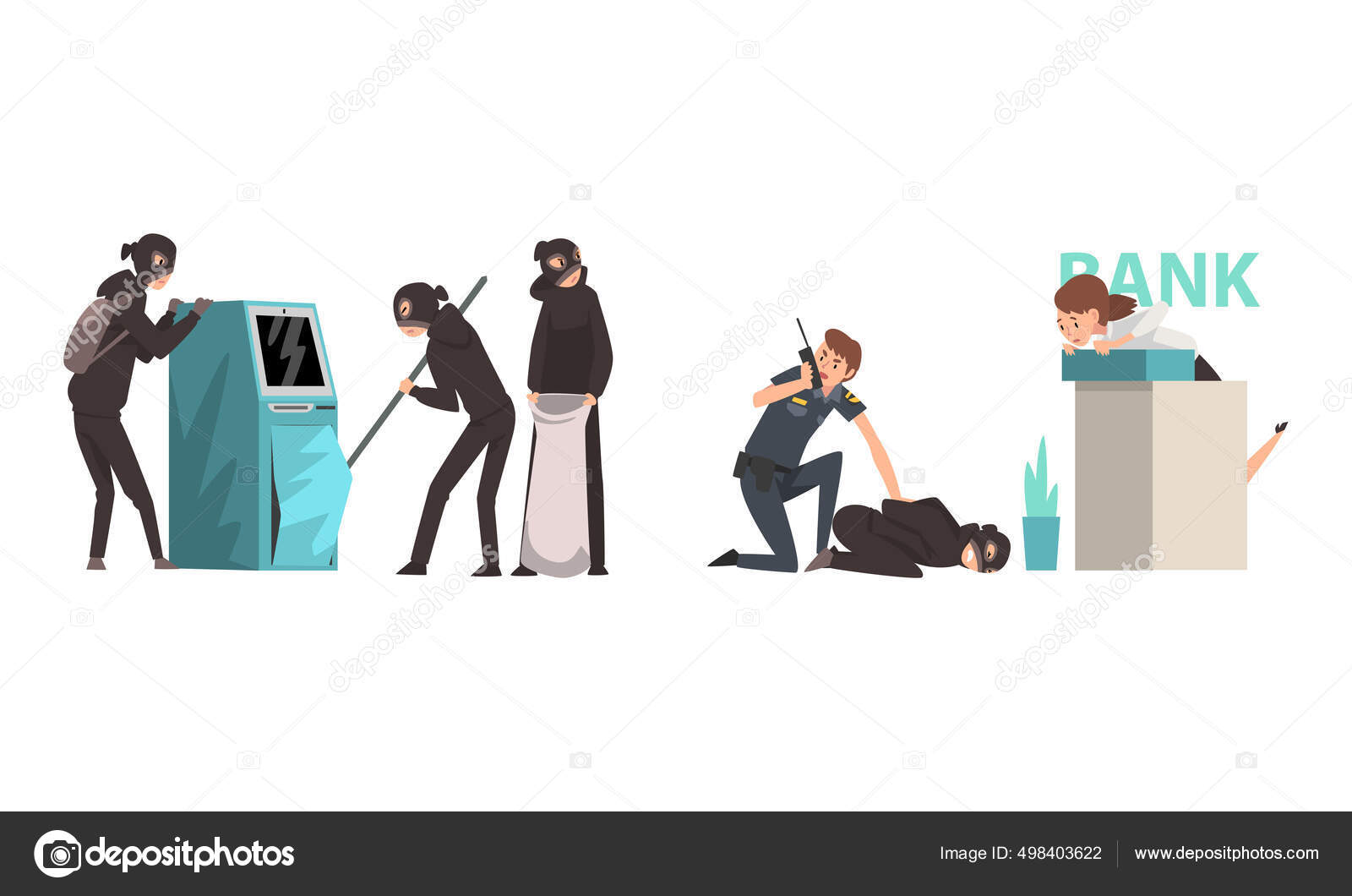 Bank Robbery with Masked Man Breaking ATM and Police Officer Arresting ...