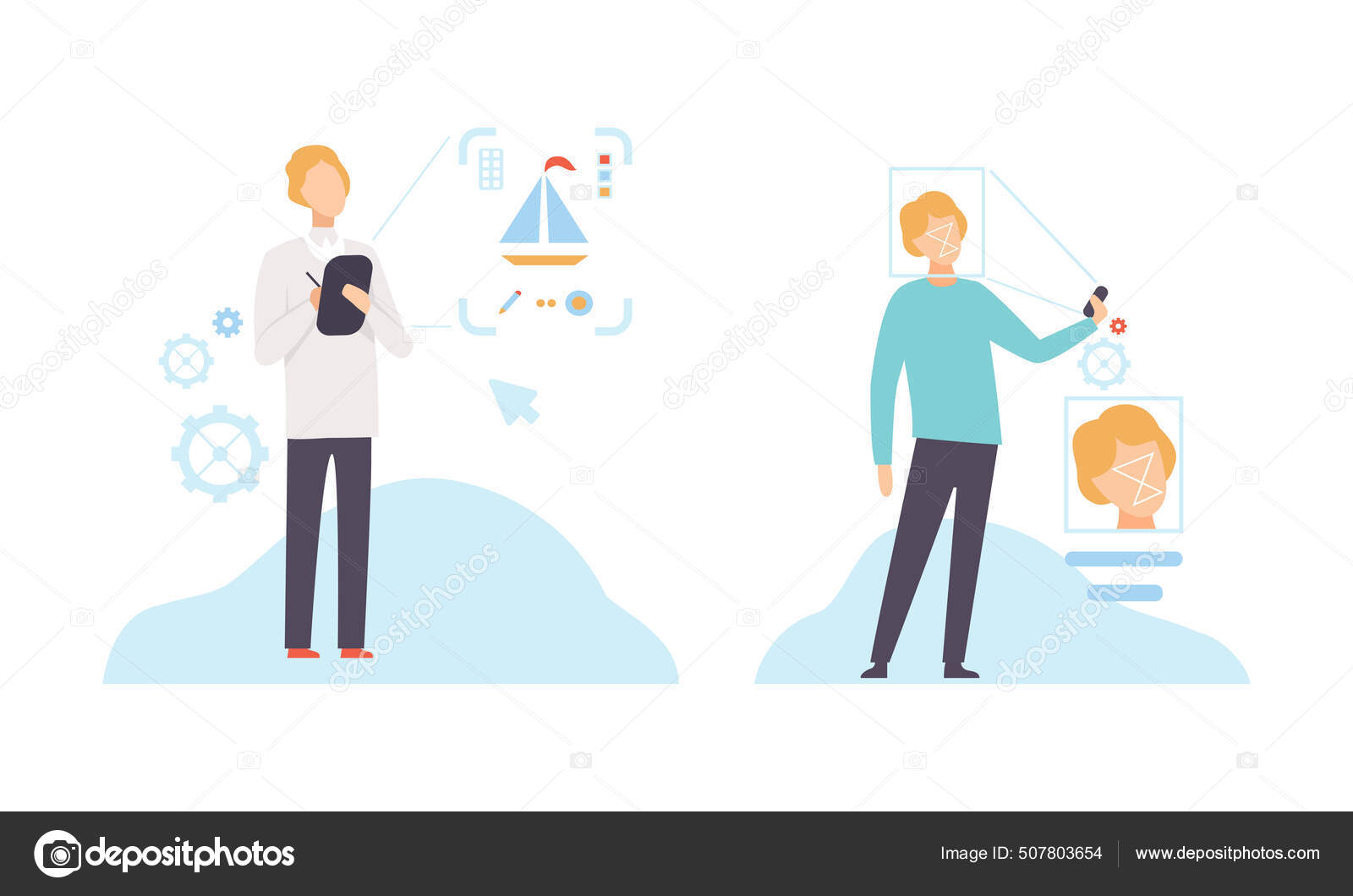 Man Character with Modern Gadget Using Wireless Digital Technology ...