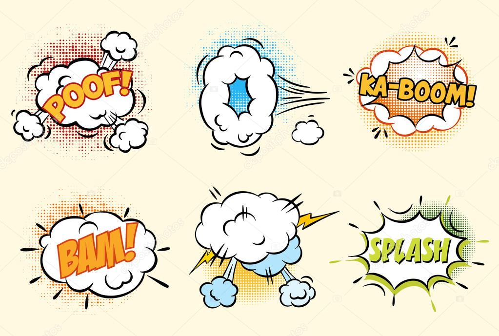 Comic speech bubbles in pop art style with bomb cartoon explosion splach powl snap boom poof ...