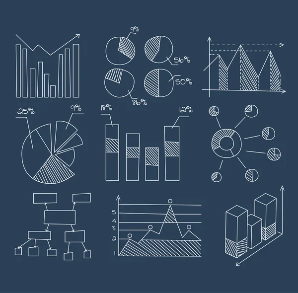 Charts, diagrams, graphs, arrows, monochrome hand drawn infographic elements, business economic ...