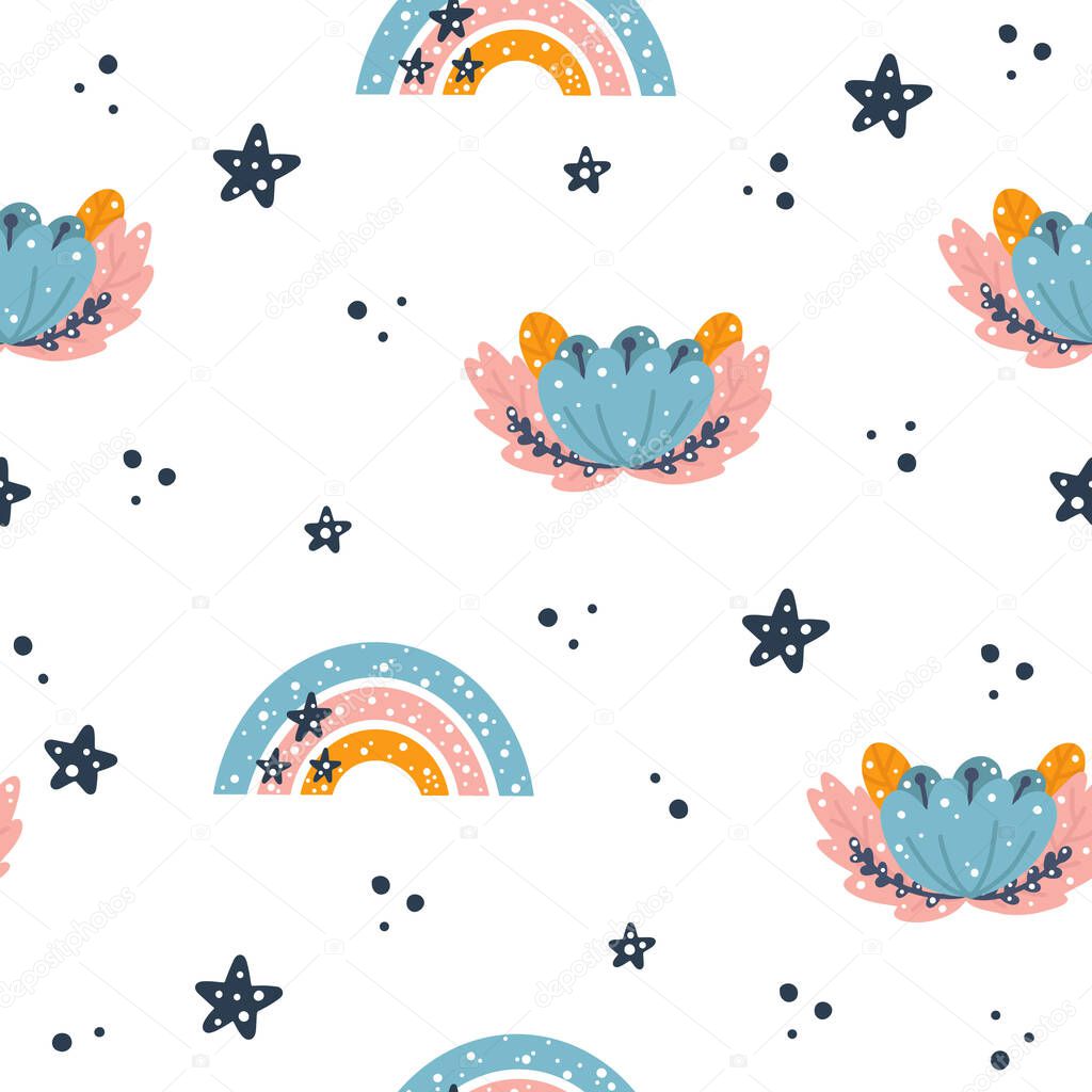 Lindo patr n sin costuras de vivero de primavera con arco iris boho y elementos florales ...