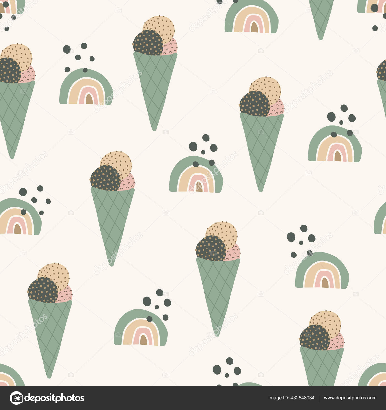 Cute Hand Drawn Ice Cream Seamless Pattern Abstract Dots Rainbows Stock ...
